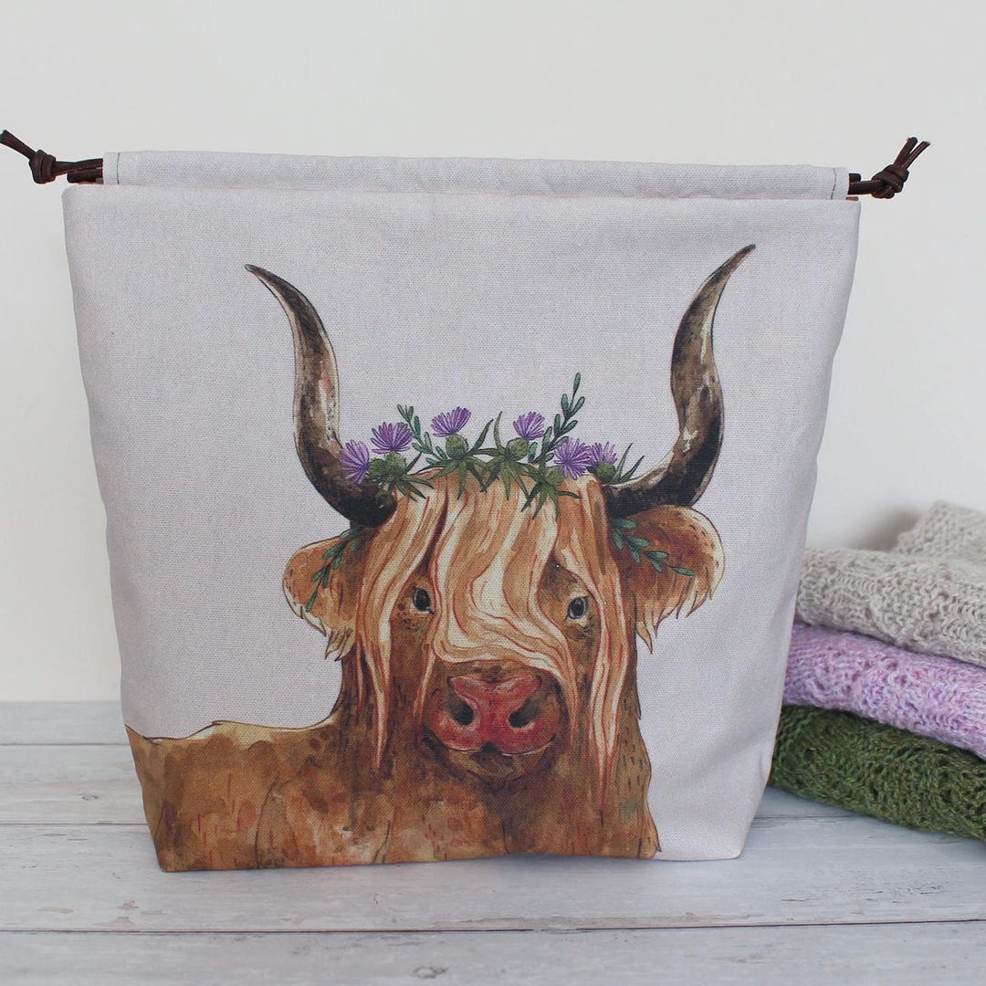 Highland Cow Knitting Project Bag, Project Bag, Vegan Project Bag, Yarn ...
