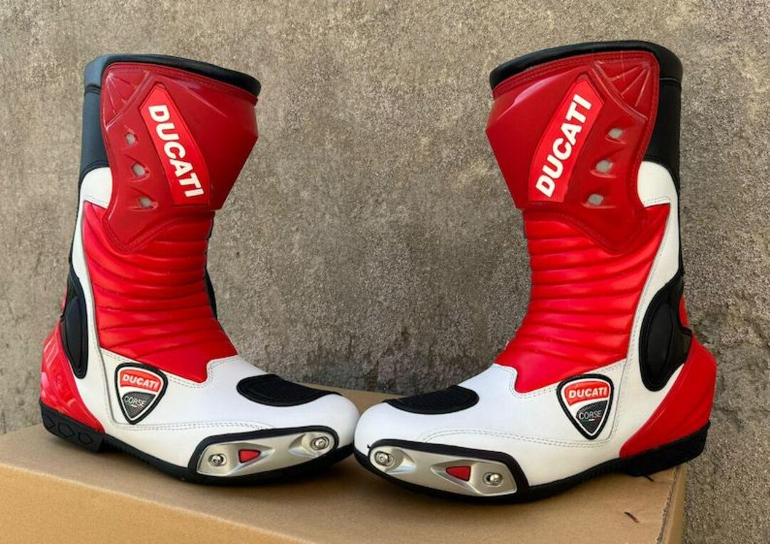 Ducati Corse Motorcycle Boots – Red & White Leather High-top Biker Gear ...