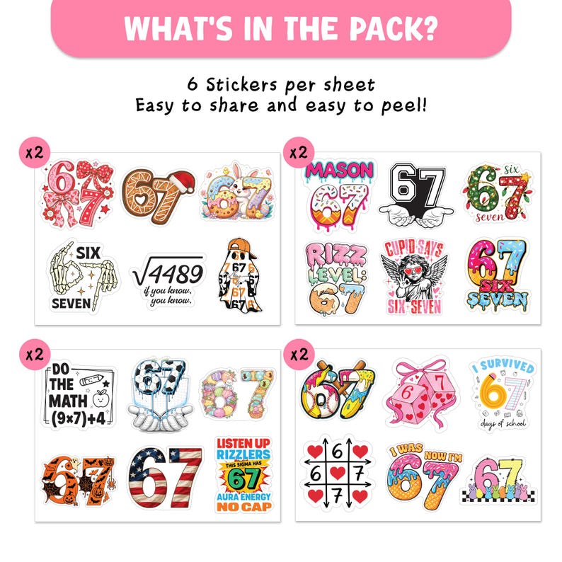 67 Stickers Pack, Six Seven Sticker Set, Funny Number Stickers ...