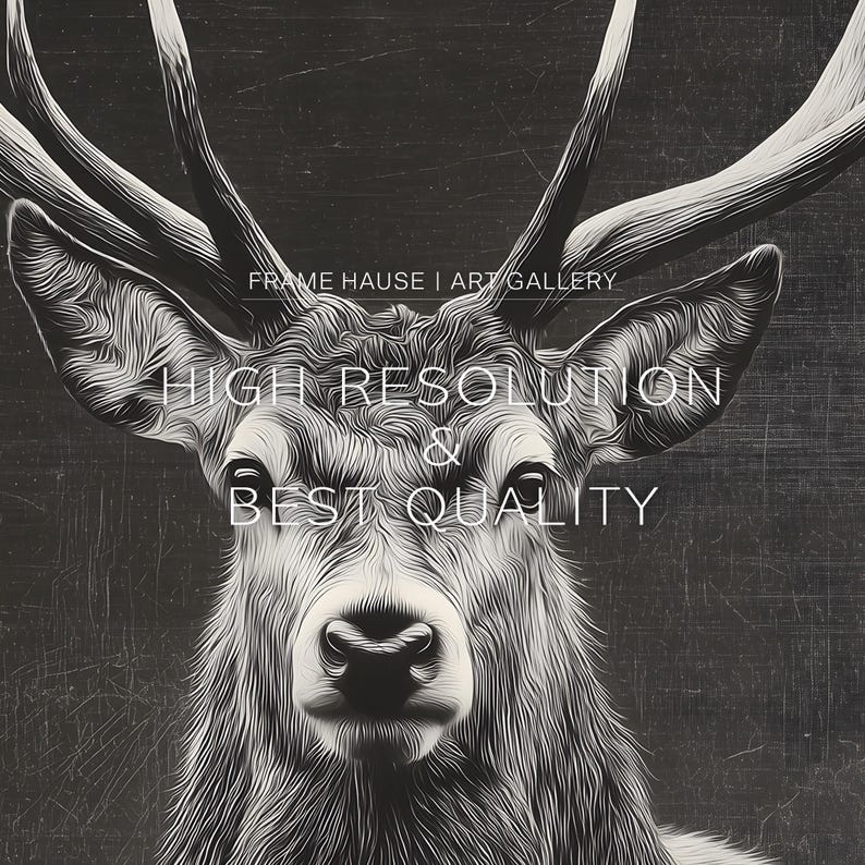 Vintage Deer Print | Rustic Stag Wall Art, Grayscale Decor (digital ...