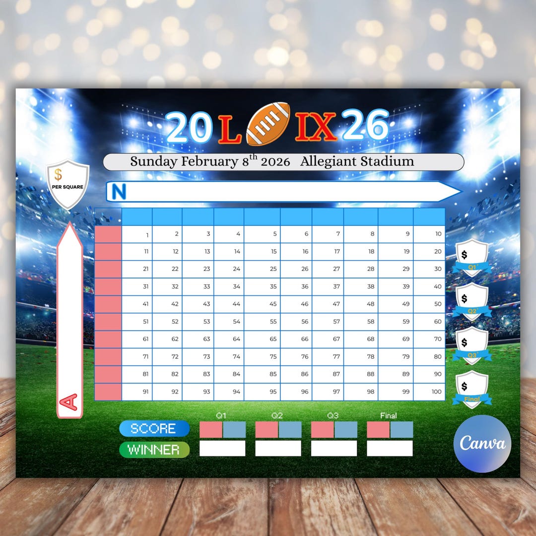 Editable Football Game Squares, 2026 Football Pool, Big Game Squares ...