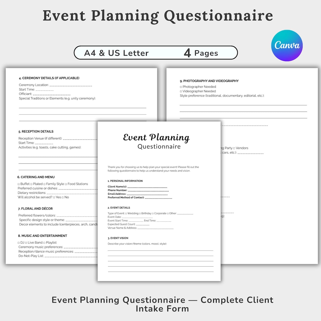 Event Planning Questionnaire Template, Event Planner Forms, Event ...