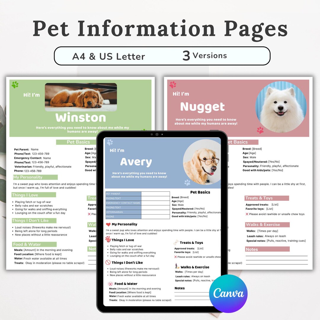 Pet Information Pages Printable, Dog Sitter Daycare Instructions ...