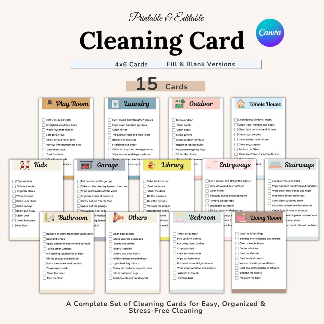 Editable Cleaning Cards Bundle, Cleaning Cards for Kids, Family Chore ...