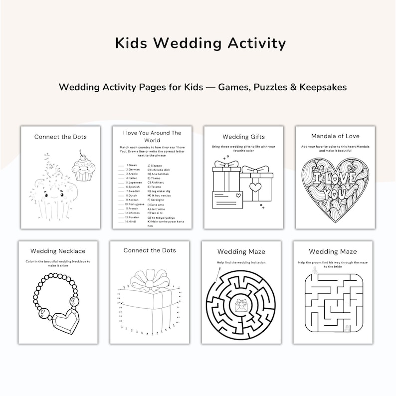 Kids Wedding Activity Book, Coloring Pages for Kids, Wedding Puzzle ...