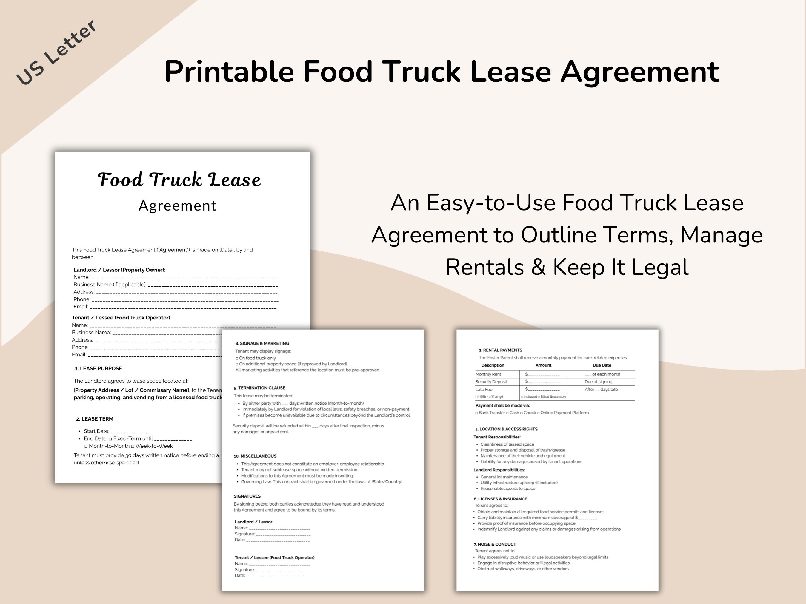 Editable Food Truck Lease Contract, Food Truck Rental Agreement ...