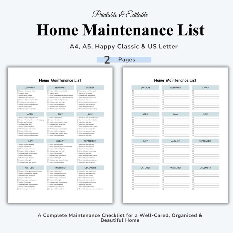 Home Maintenance Checklist, Yearly Home Planner, Home Maintenance ...