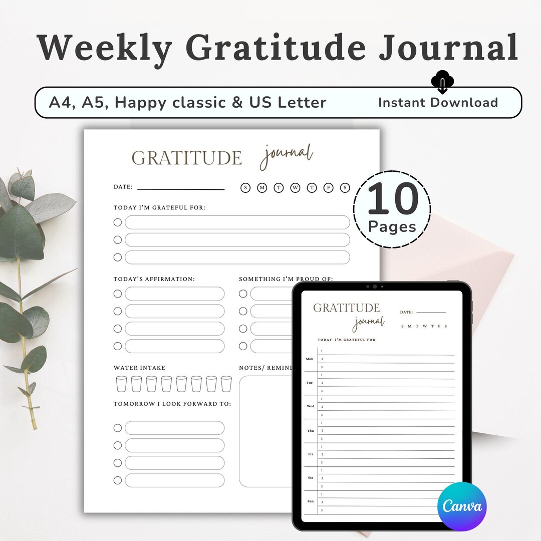 Weekly Gratitude Journal Printable, Gratitude Prompts Journal, Daily ...