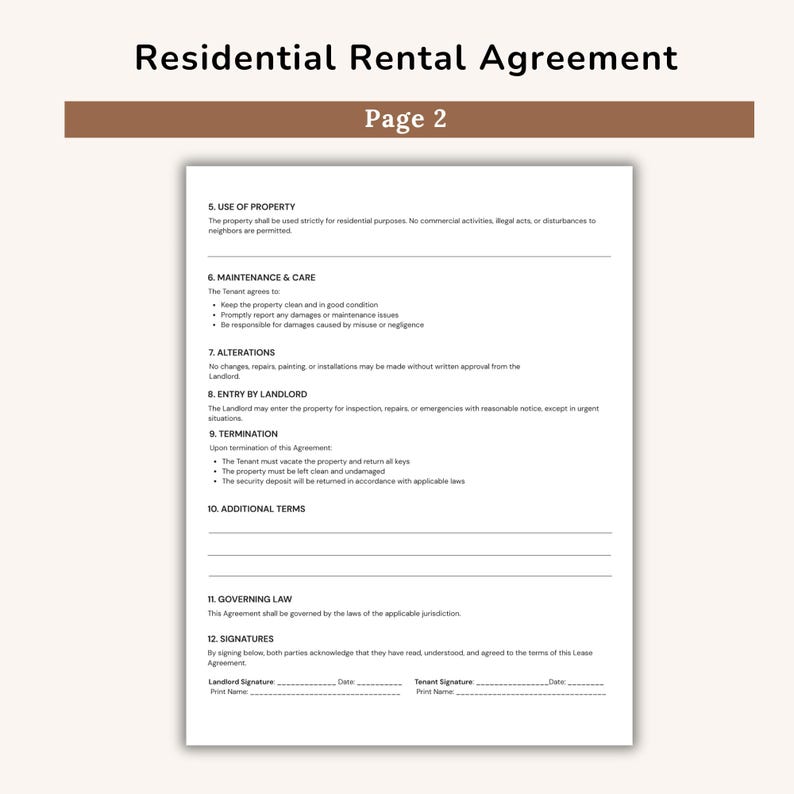 Residential Rental Agreement Template, Lease Agreement Form, Landlord ...