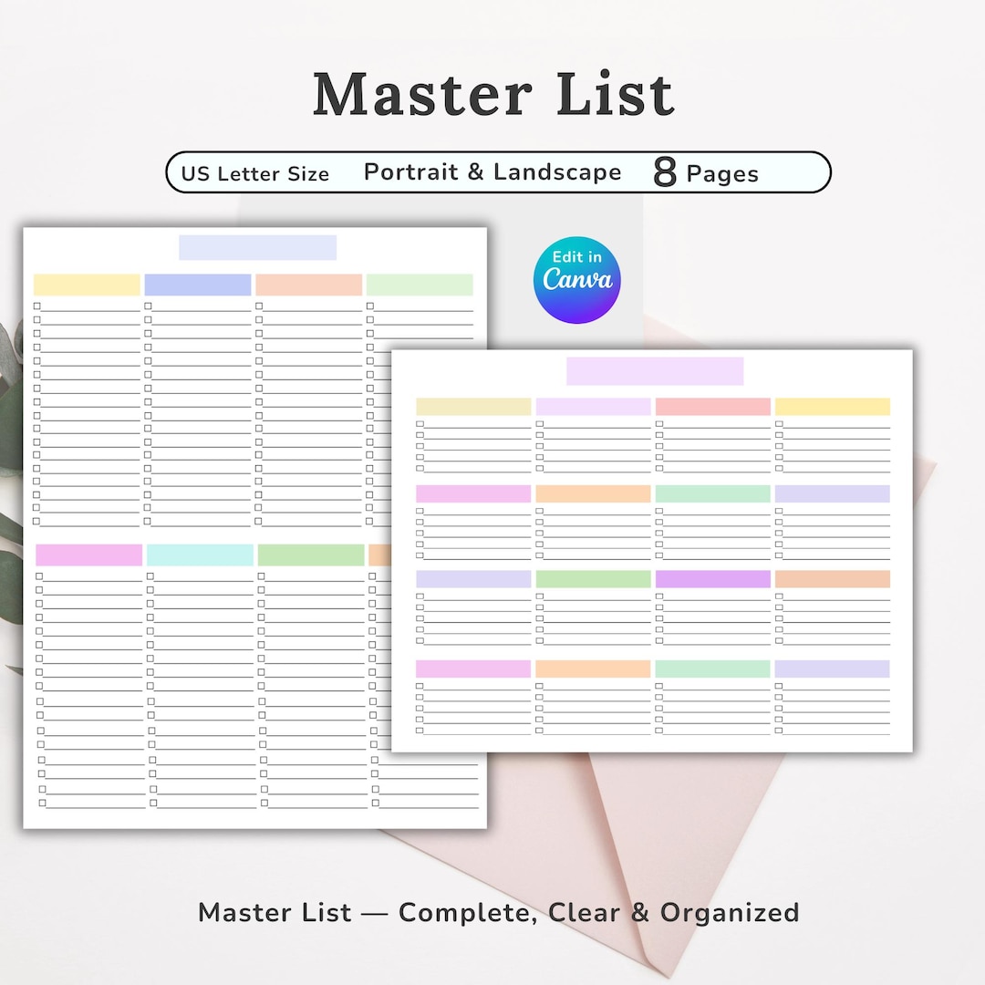 Master Task List Printable, Blank Master Checklist Template, Blank to ...