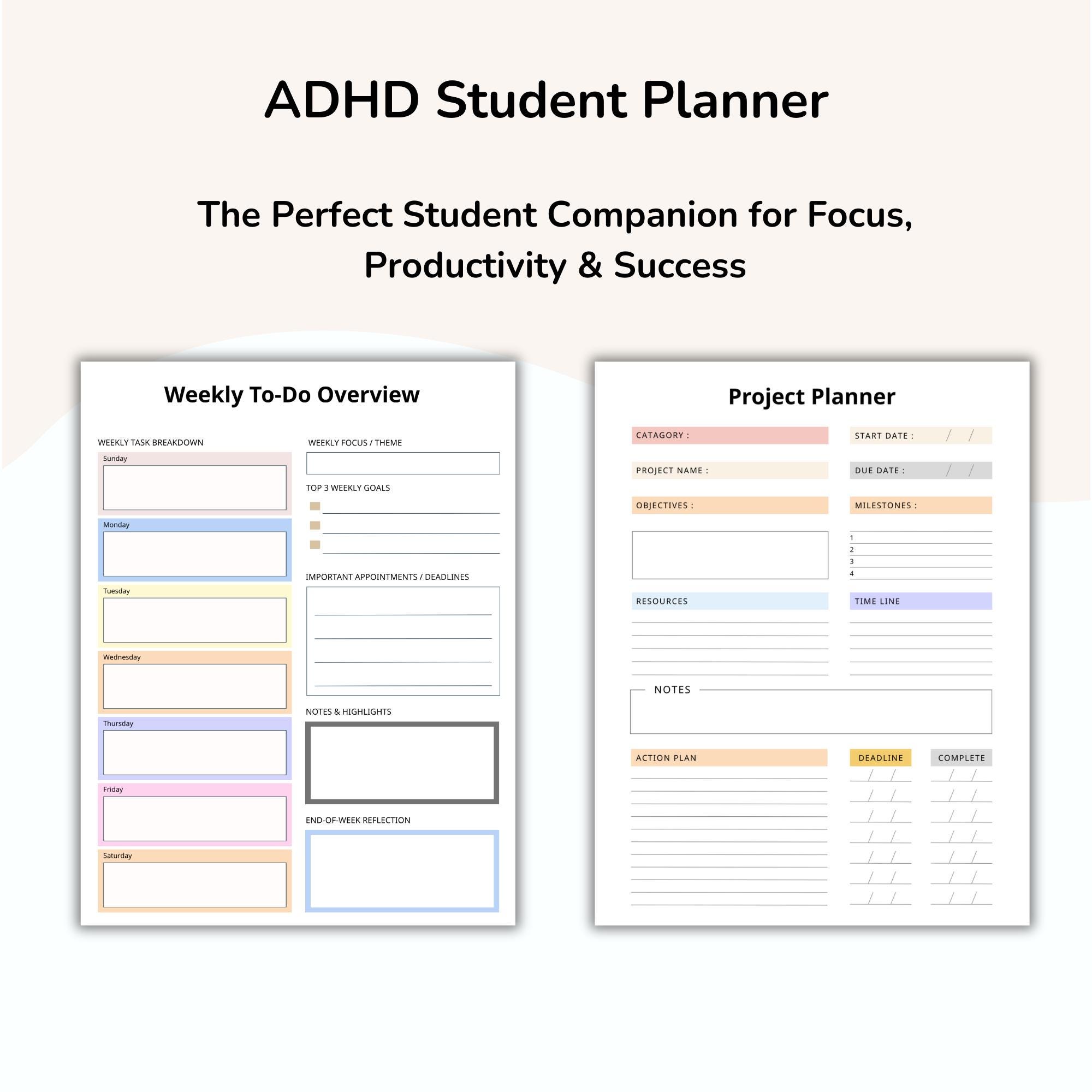 Printable ADHD Student Planner, ADHD School Planner, Study Organizer ...