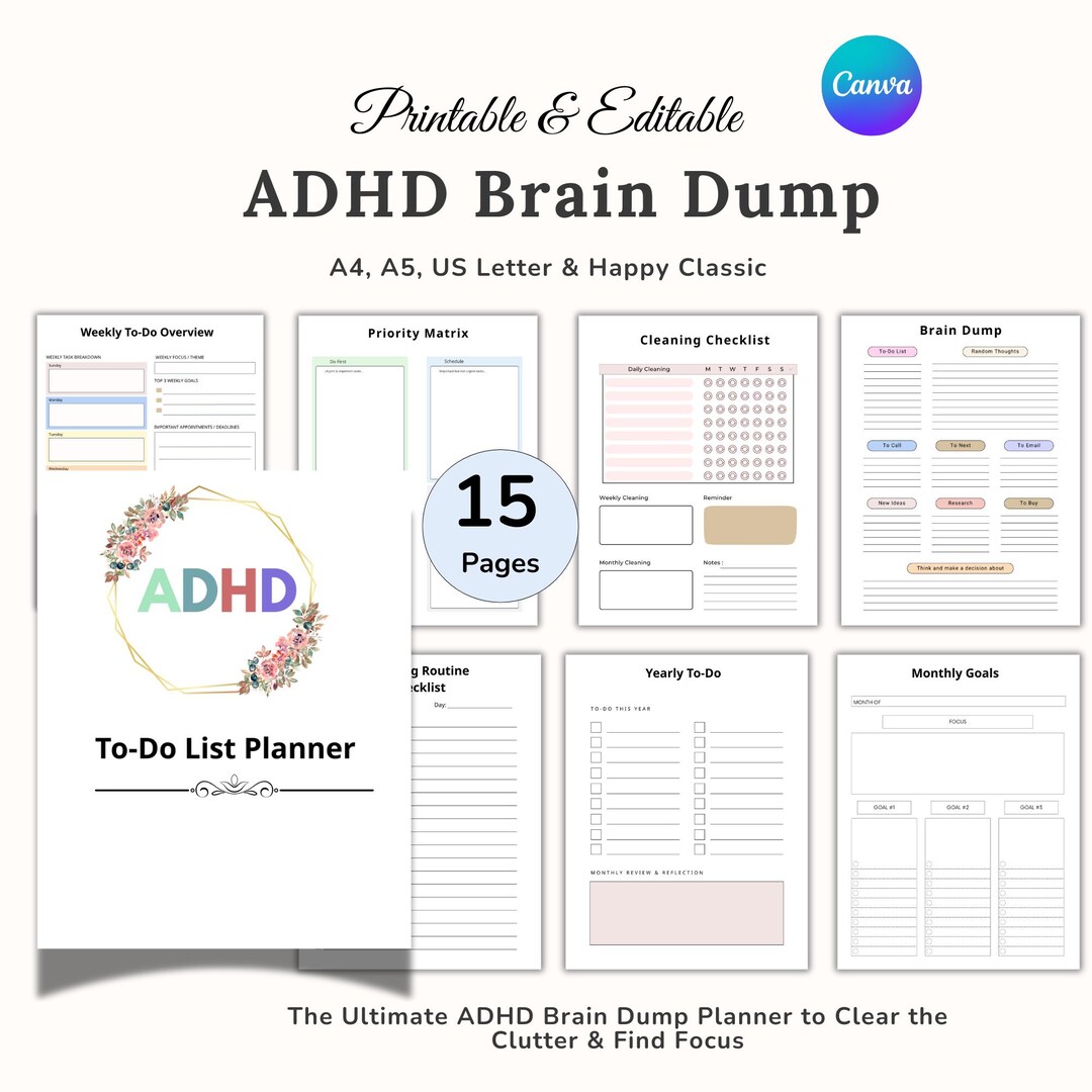 ADHD Brain Dump BUNDLE, Daily Brain Dump, Time Breakdown, Thought ...