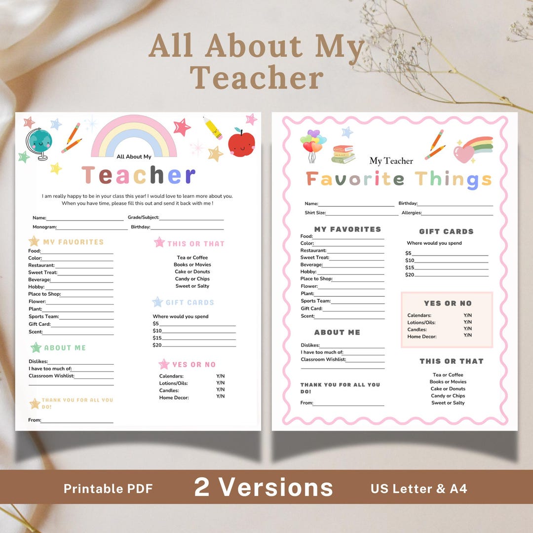 All About My Teacher Printable Planner, Get to Know Teacher, Teacher ...