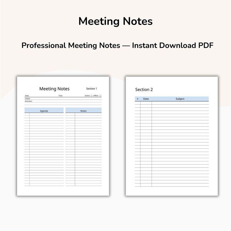 Meeting Notes Template Printable, Meeting Minutes, Simple Meeting Notes ...