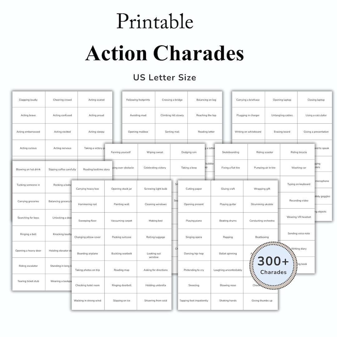 Charades Games Printable, Baby Shower Charades Party Games, Action ...