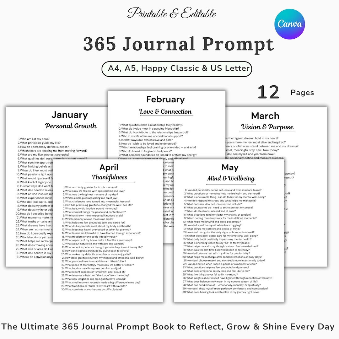 365 Journaling Prompts, Self Love Journal PDF, Reflection and Wellness ...