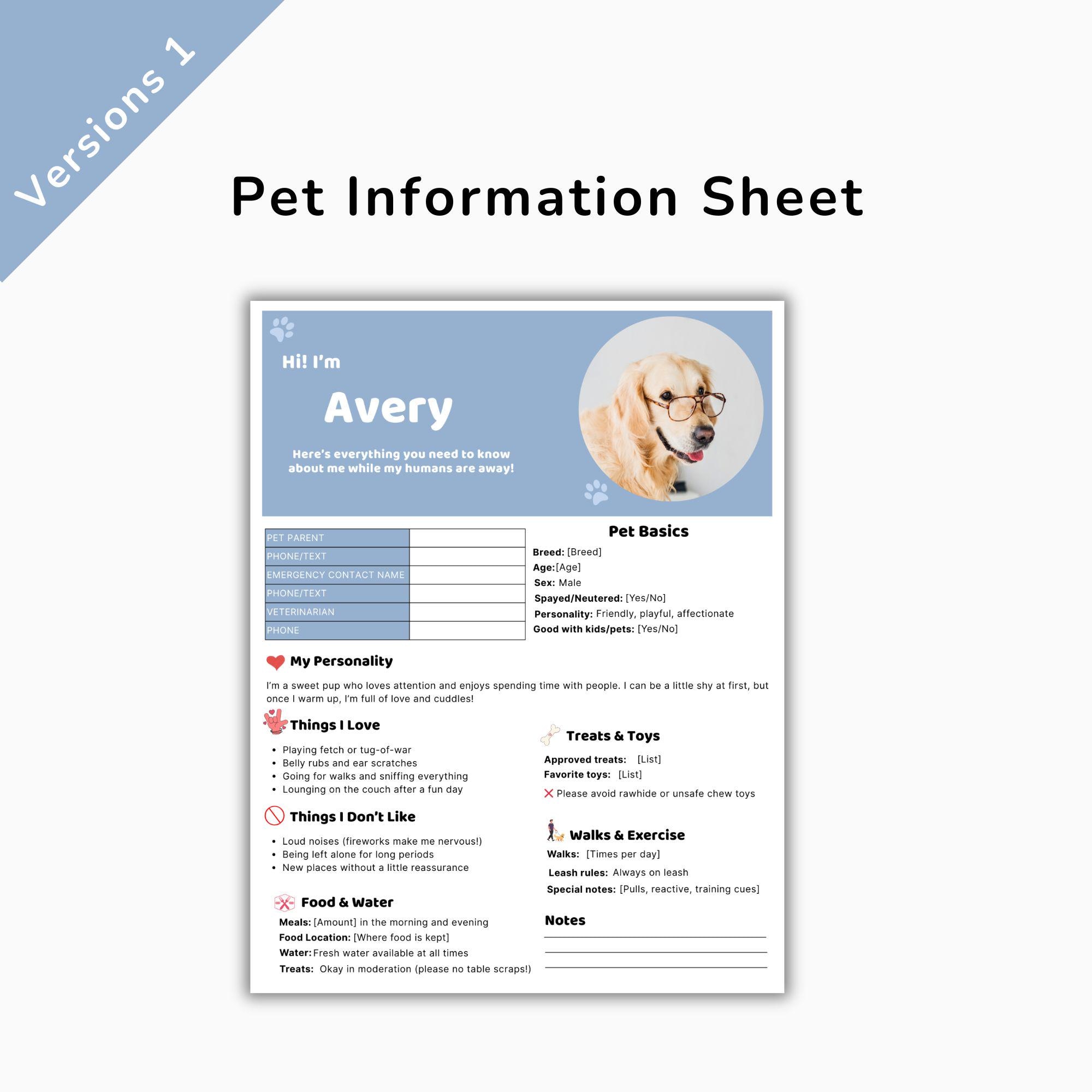 Pet Information Pages Printable, Dog Sitter Daycare Instructions ...