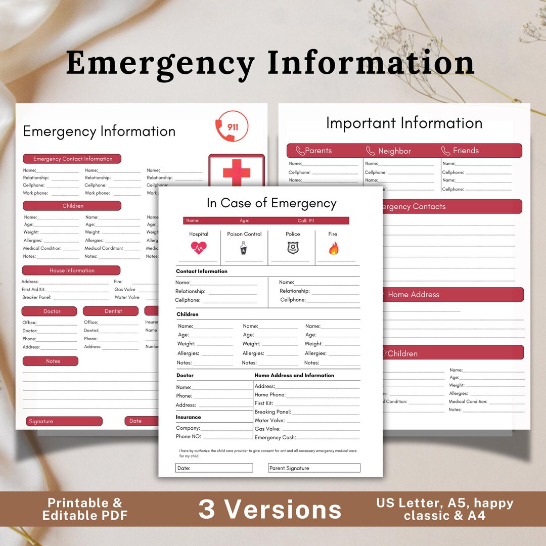 In Case of Emergency Info Sheet, Emergency Binder, Medical Log, Medical ...