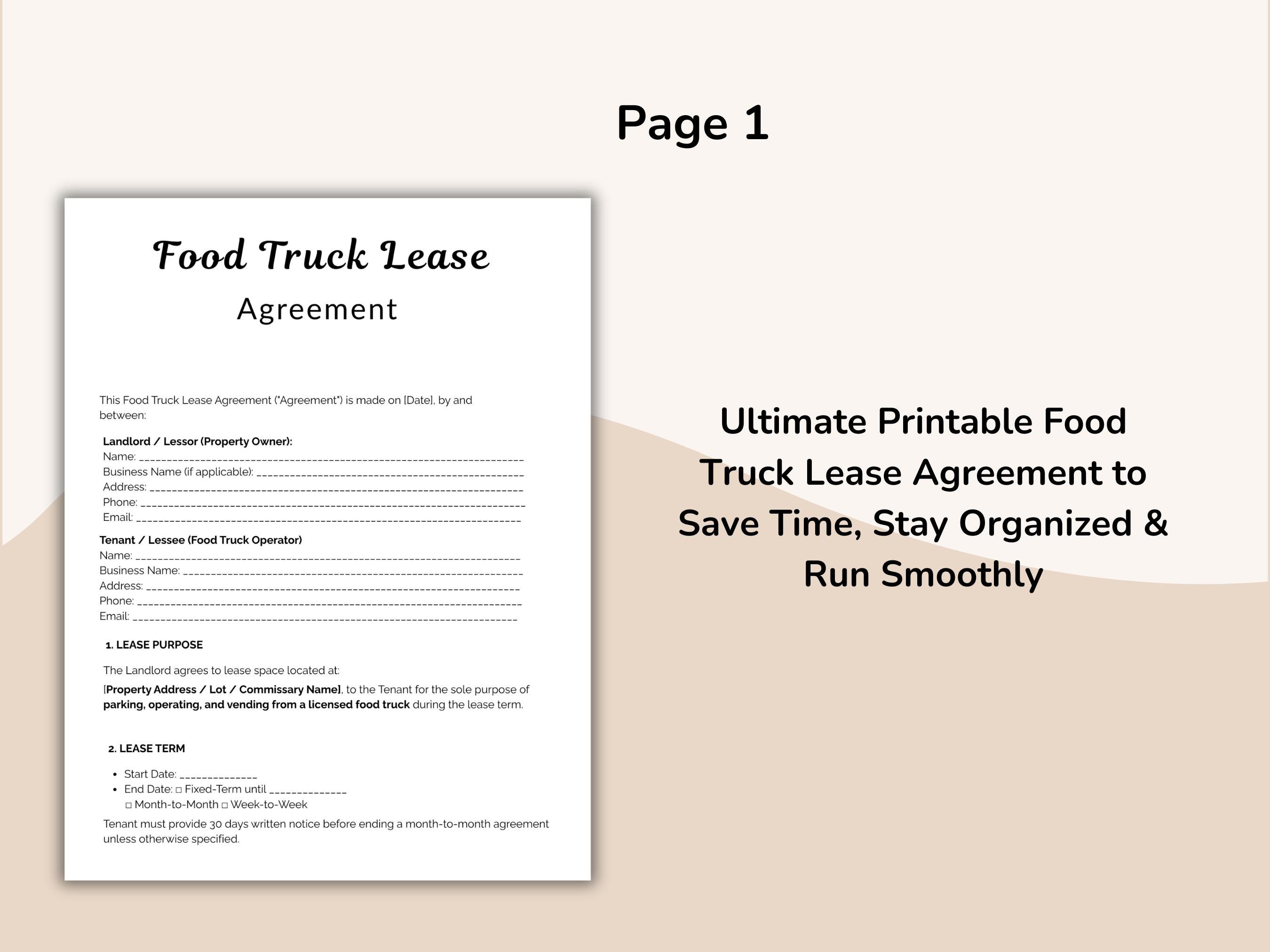 Editable Food Truck Lease Contract, Food Truck Rental Agreement ...