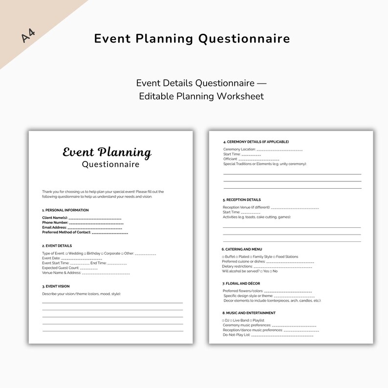 Event Planning Questionnaire Template, Event Planner Forms, Event ...