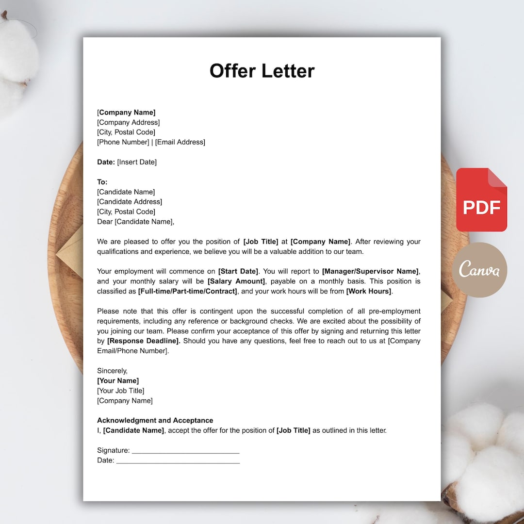 Editable Job Offer Letter Canva Template, Contract Job Offer Letter ...