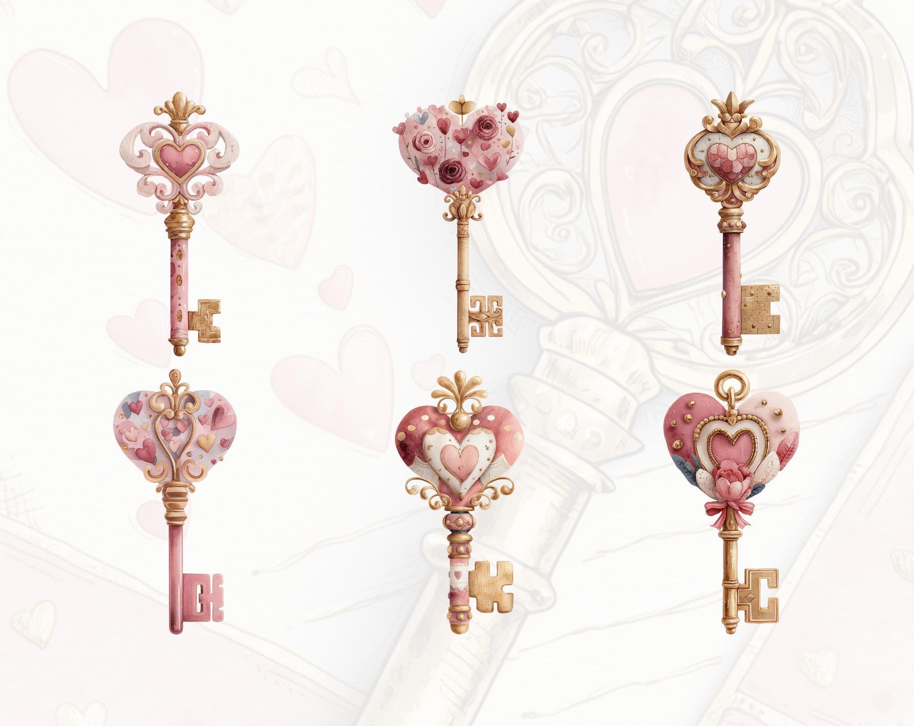 Vintage Keys of Love Watercolor Clipart | Valentine's Day PNG (digital ...