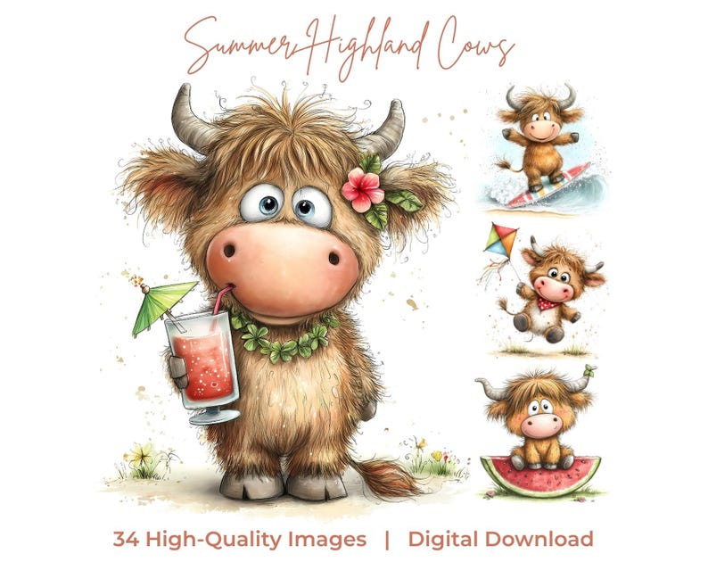 Sommer Highland Kuh Clipart, Süßes Highland Kuh JPEG Set für Strand ...