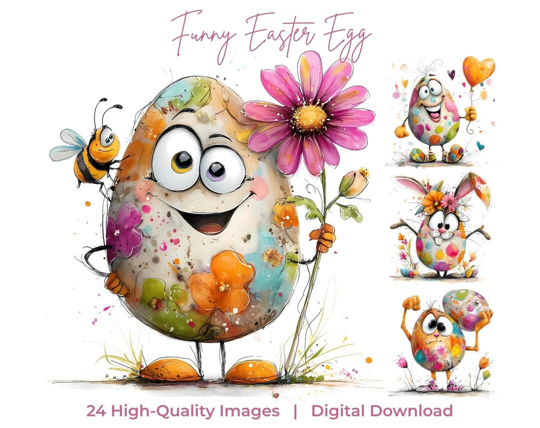 Funny Easter Egg Clipart – Kawaii Watercolor JPEG Illustrations ...