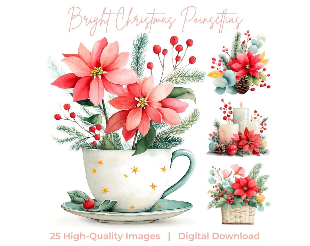 Bright Christmas Poinsettias Clipart for Cards, Stickers and Crafts ...