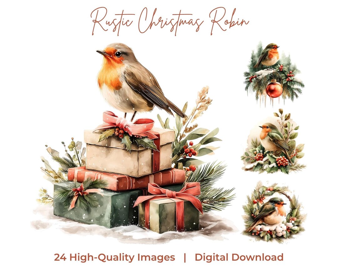 Watercolor Christmas Robin Clipart Set, Holiday Bird Art (digital ...