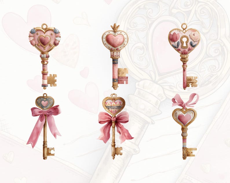 Vintage Keys of Love Watercolor Clipart | Valentine's Day PNG (digital ...