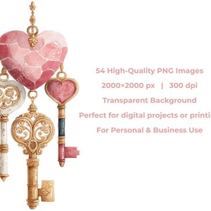 Vintage Keys of Love Watercolor Clipart | Valentine's Day PNG (digital ...