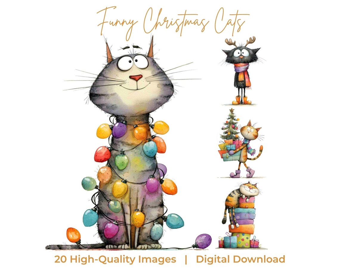 Watercolor Christmas Cats Clipart Set | Holiday Illustrations (digital ...