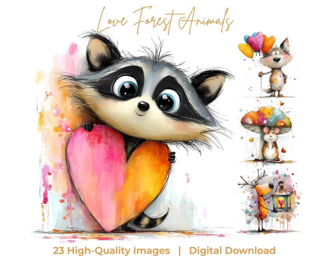 Valentine Forest Animals Clipart, Watercolor Illustrations (digital ...