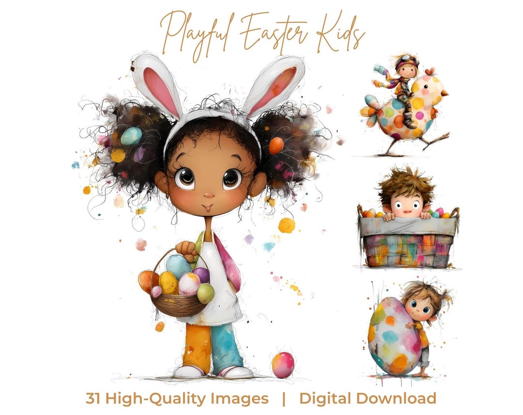 Playful Easter Kids Clipart, Spring Children Illustrations (digital ...