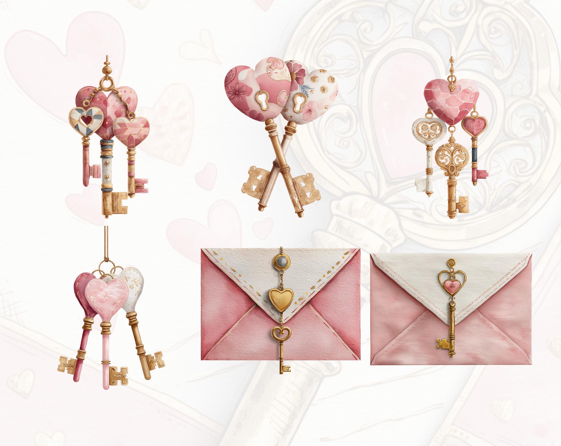 Vintage Keys of Love Watercolor Clipart | Valentine's Day PNG (digital ...