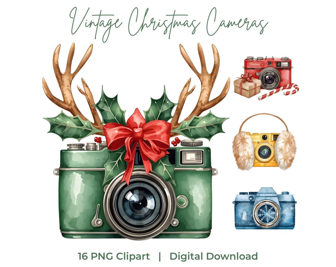 Vintage Christmas Camera Clipart – Retro Holiday PNG Bundle (digital ...