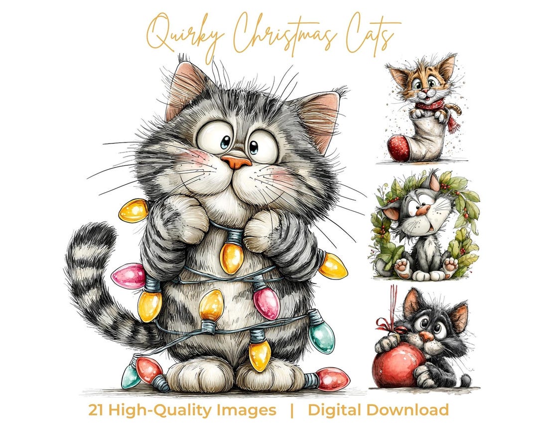 Quirky Christmas Cats Clipart Set – 21 JPEG Files (funny Holiday Cats ...