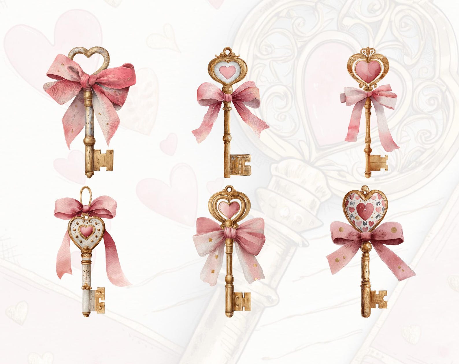 Vintage Keys of Love Watercolor Clipart | Valentine's Day PNG (digital ...
