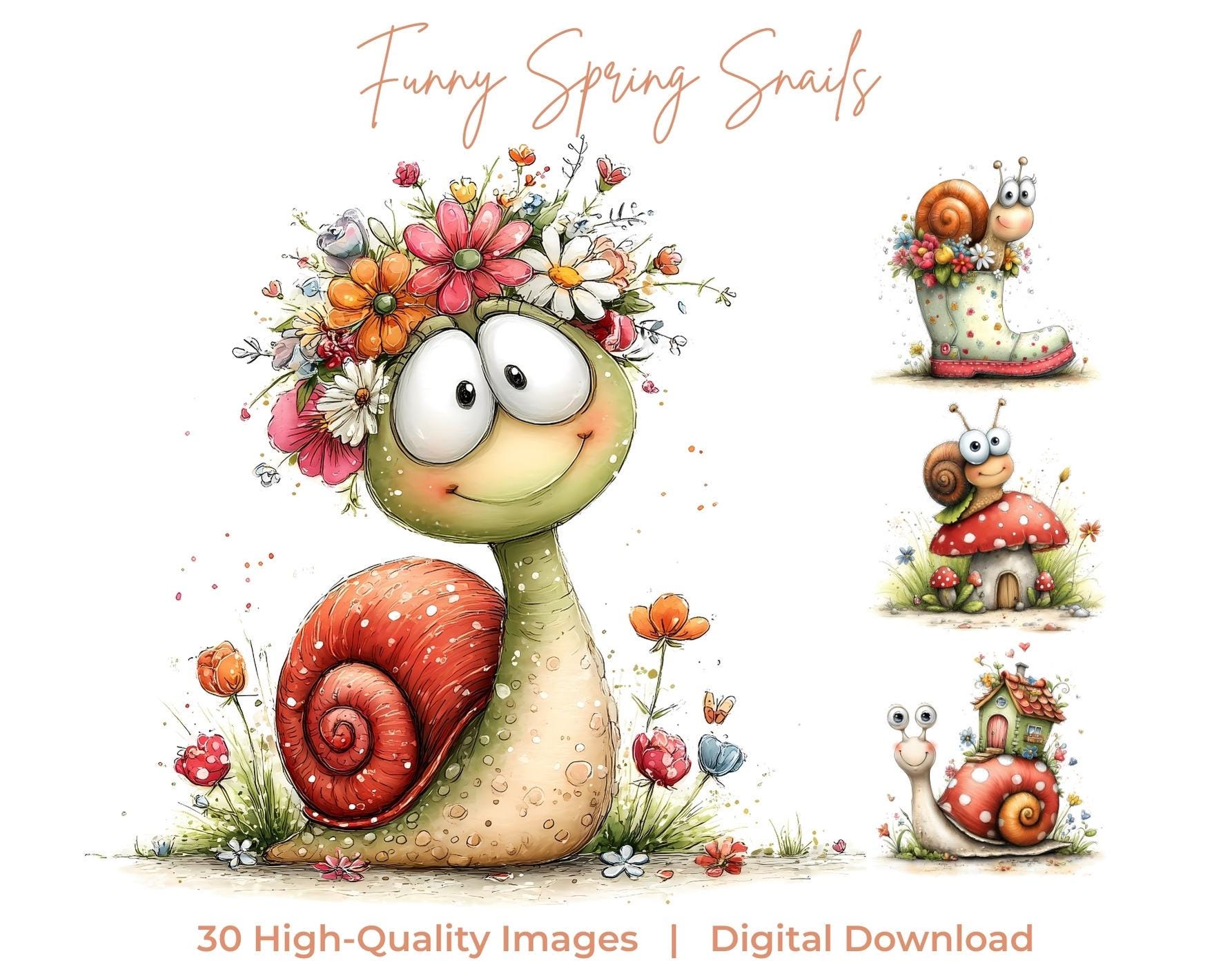 Funny Spring Snails Clipart – Cute Watercolor Snail Illustrations ...
