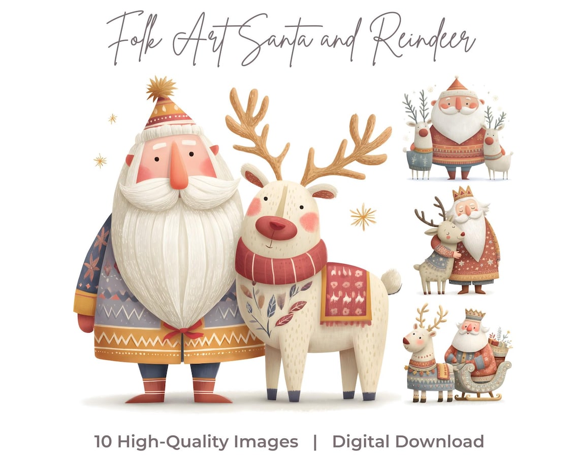 Folk Art Santa and Reindeer Clipart Set, Rustic Christmas Illustrations ...