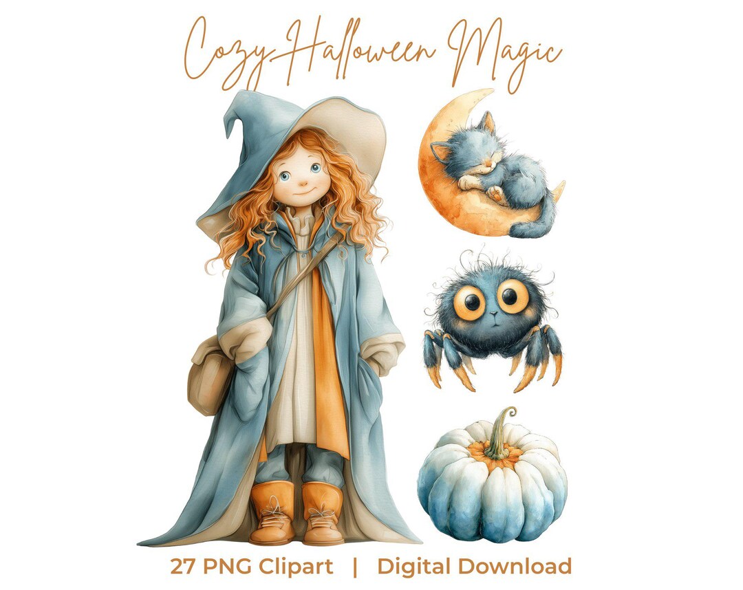 Pastel Halloween Clipart Bundle: Watercolor Witch, Pumpkin, Ghost (PNG ...