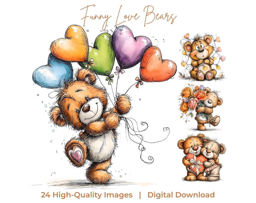Love Bears Clipart, Funny Valentine Bear Illustrations, Playful ...