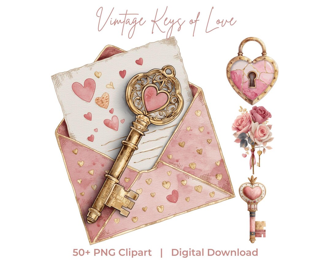 Vintage Keys of Love Watercolor Clipart | Valentine's Day PNG (digital ...