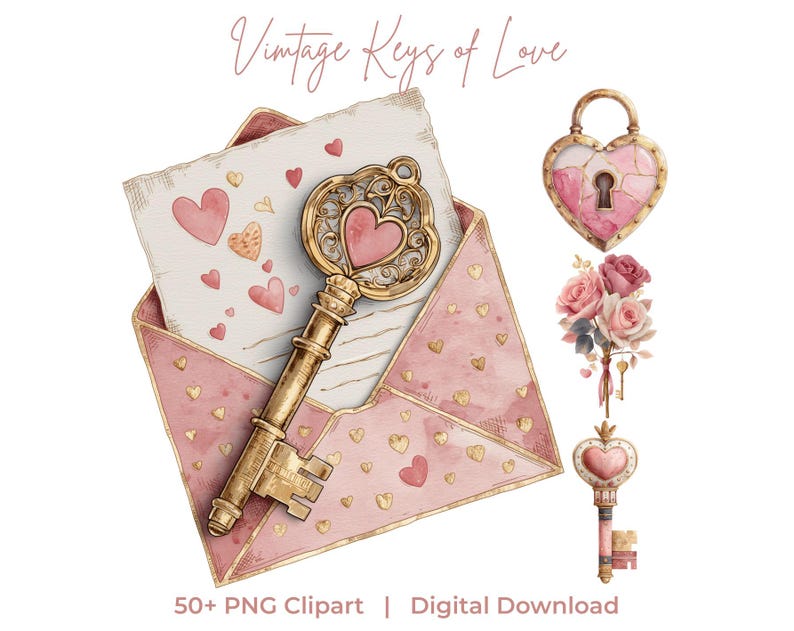 Vintage Keys of Love Watercolor Clipart | Valentine's Day PNG (digital ...