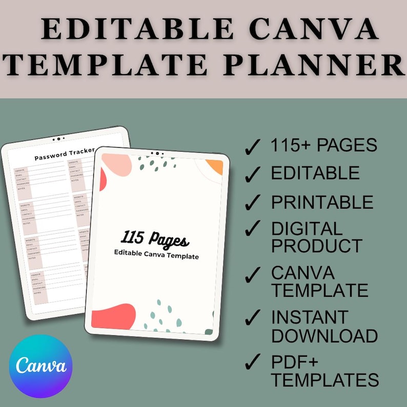 115 Pages Editable Canva Template Planner – Digital PDF and Canva ...
