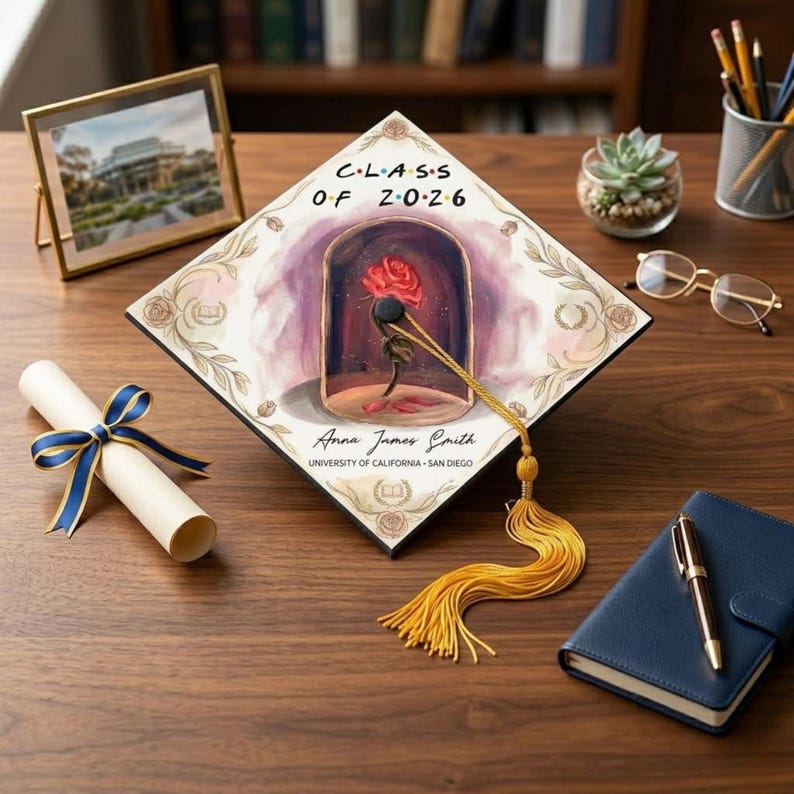 Personalized Beauty and the Beast Graduation Cap Topper, Enchanted Rose ...