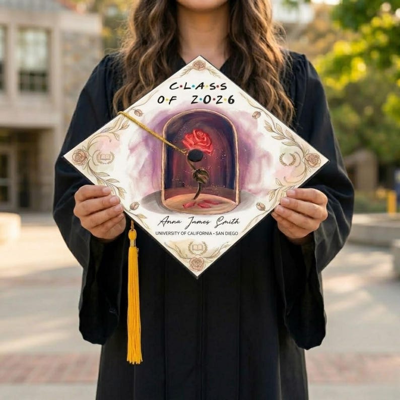 Personalized Beauty and the Beast Graduation Cap Topper, Enchanted Rose ...