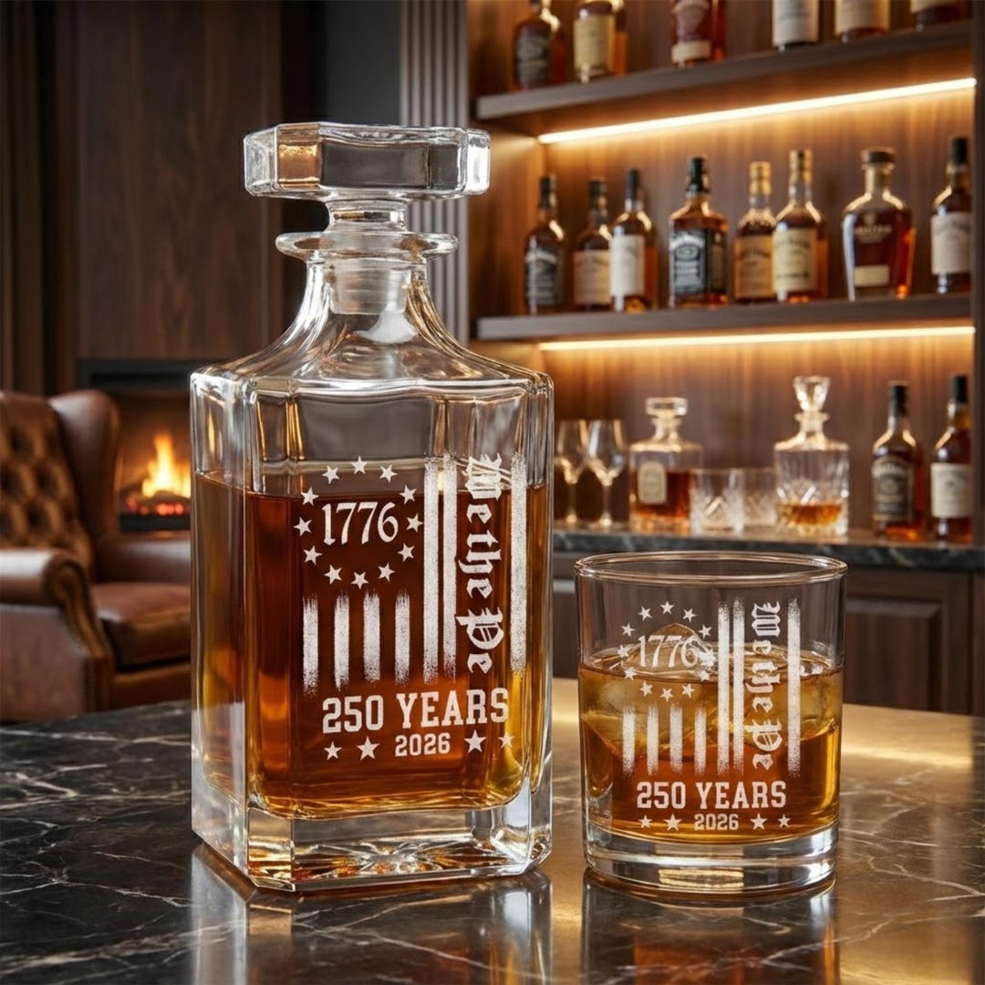 1776–2026 America 250 Years Engraved Whiskey Decanter Set, Patriotic ...