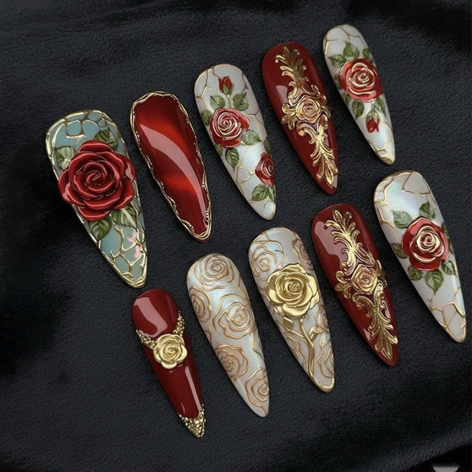 Royal Rose Baroque Press on Nails – Hand Painted Red & Gold Floral ...